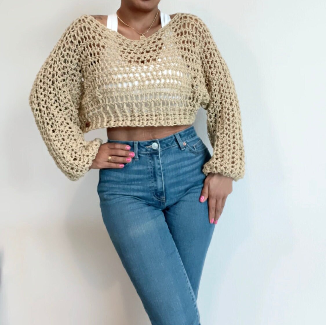 Crochet Crop Sweater . Fishnet Crochet Sweater . Mesh Crochet Crop ...