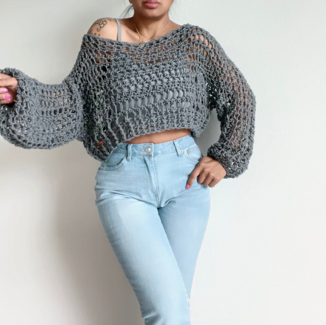 Crochet Crop Sweater . Jamaican Summer Fishnet Crochet Sweater . Mesh ...