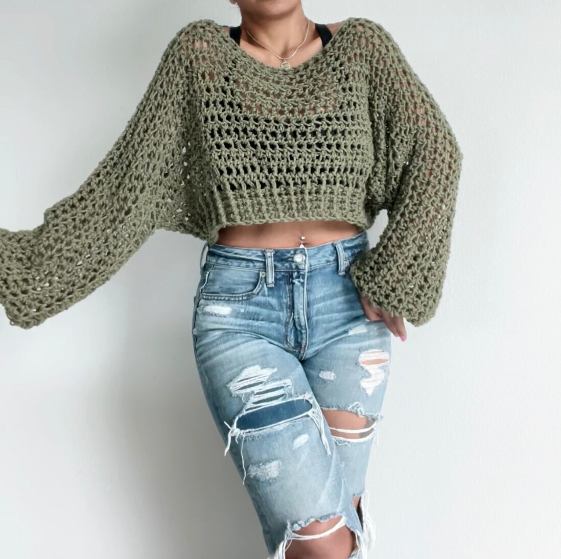 Crochet Crop Sweater . Fishnet Crochet Sweater . Mesh Crochet Crop ...