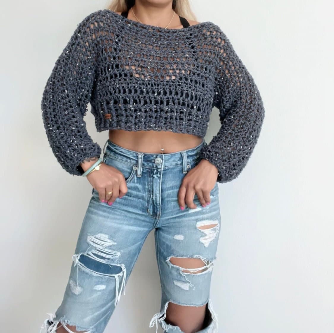 Crochet Crop Sweater . Fishnet Crochet Sweater . Mesh Crochet Crop ...