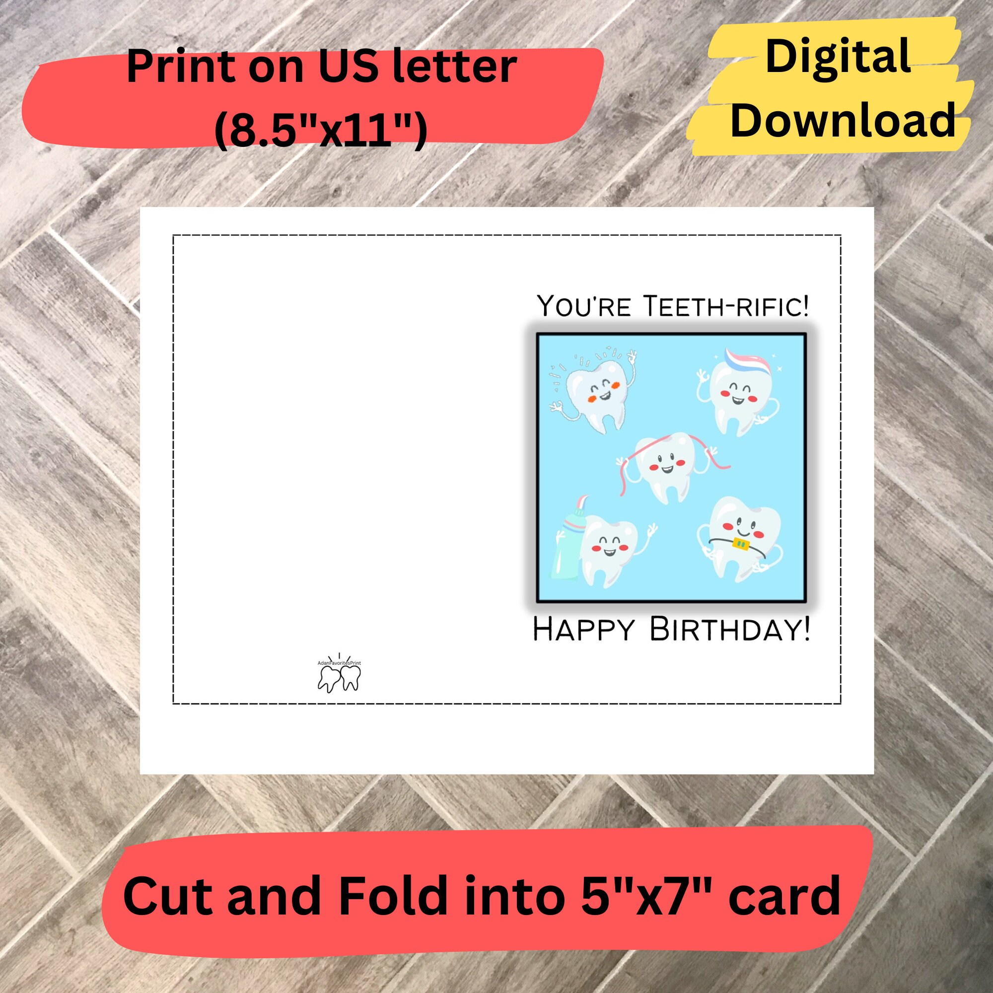 Tooth Birthday Card, Dentist Printable Birthday Card, Tooth Humor, Cute ...