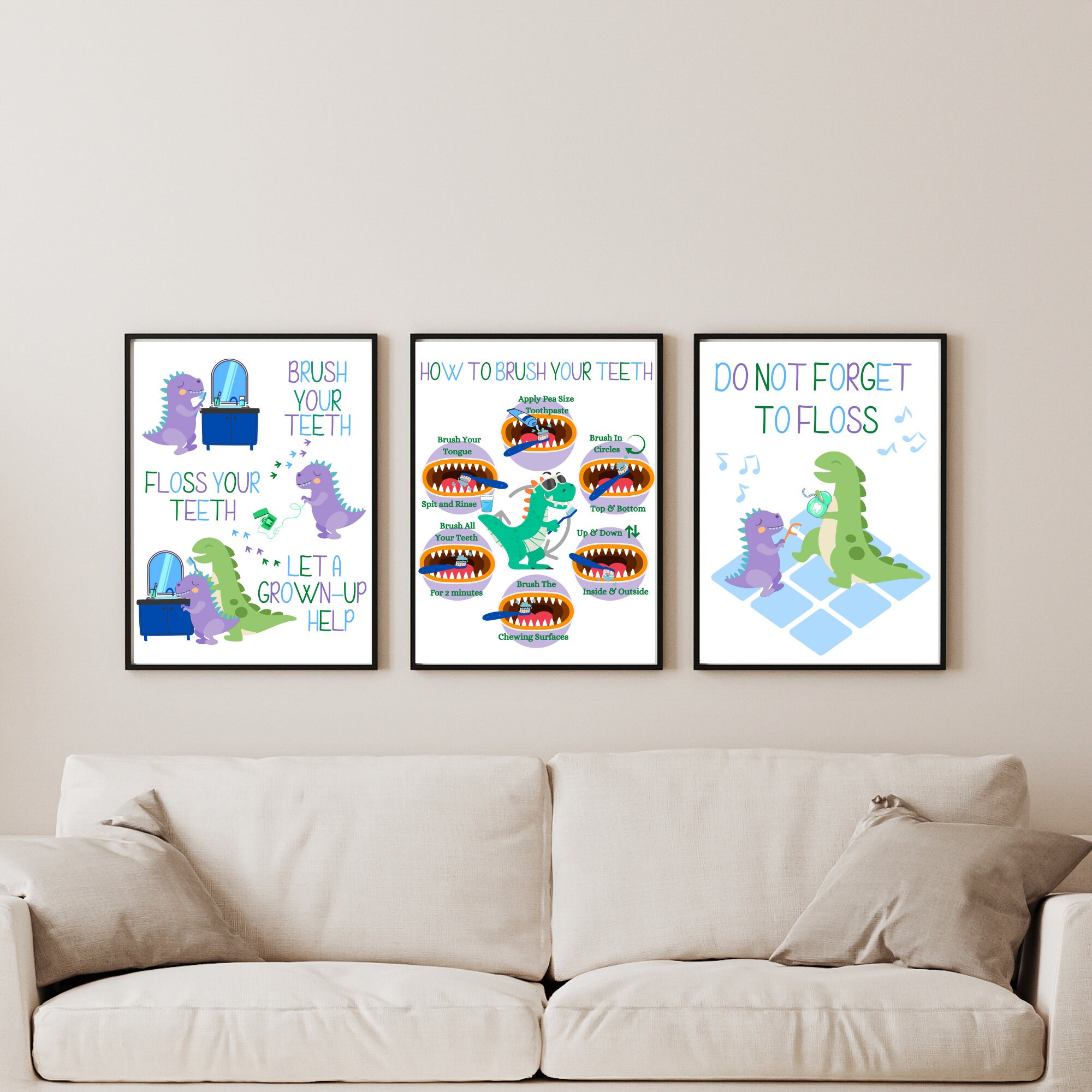 Kids Dinosaur Dental Hygiene 3 Digital Print Bundle for Home or Dental ...
