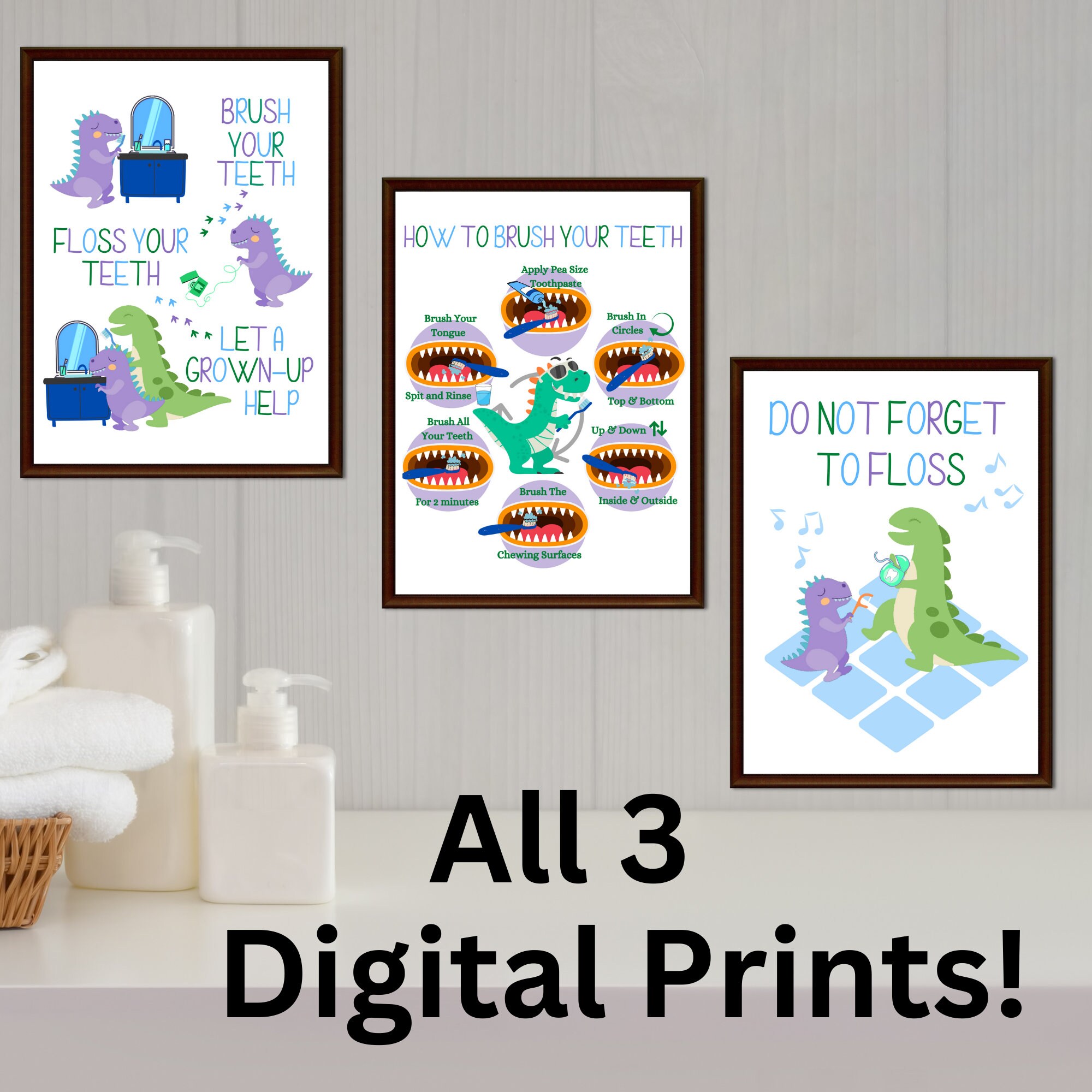 Kids Dinosaur Dental Hygiene 3 Digital Print Bundle for Home or Dental ...