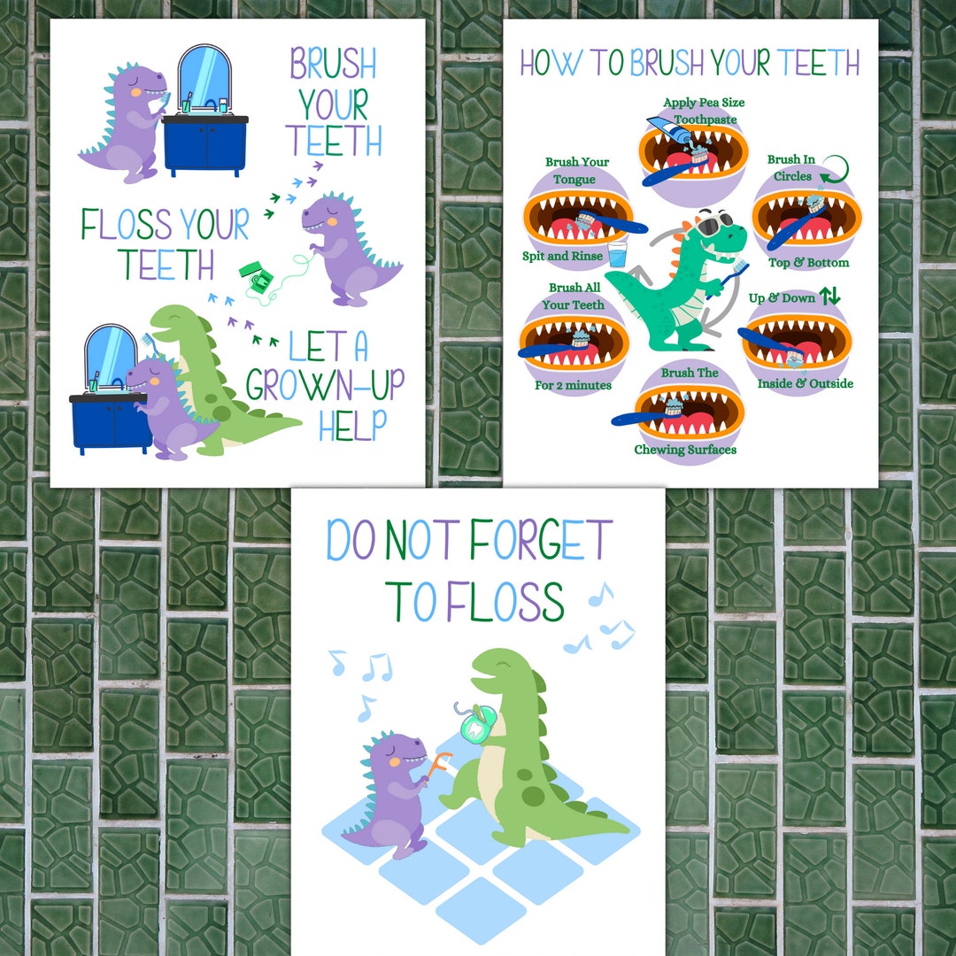 Kids Dinosaur Dental Hygiene 3 Digital Print Bundle for Home or Dental ...