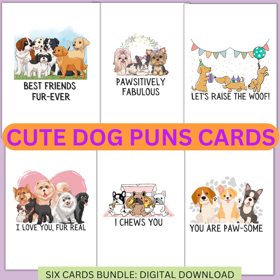 Cute Dog Puns Six Set Bundle of Note Greetings Cards Use for Any ...