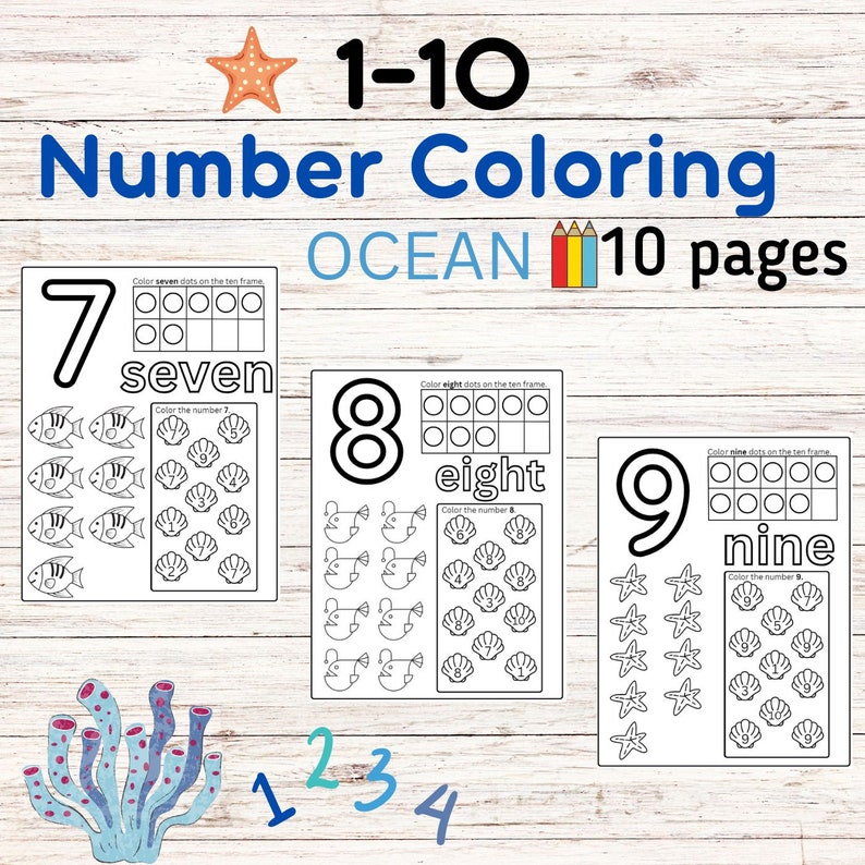 1-10 Number Ocean Themed Coloring Pages, Preschool, Kindergarten ...