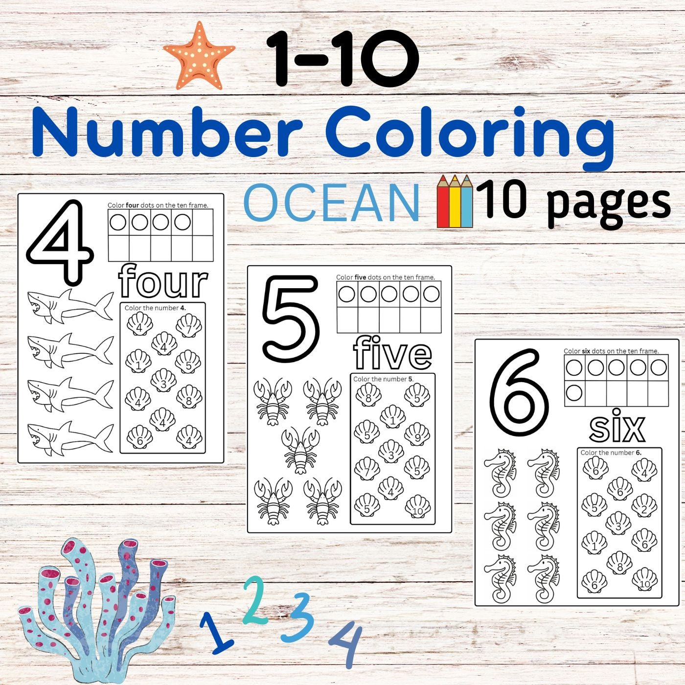 1-10 Number Ocean Themed Coloring Pages, Preschool, Kindergarten ...