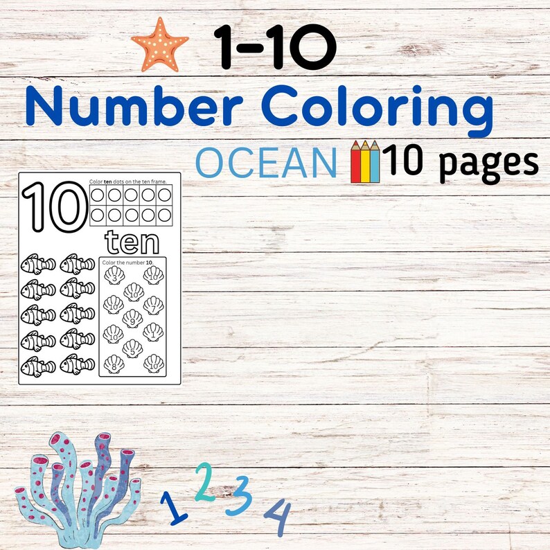 1-10 Number Ocean Themed Coloring Pages, Preschool, Kindergarten ...
