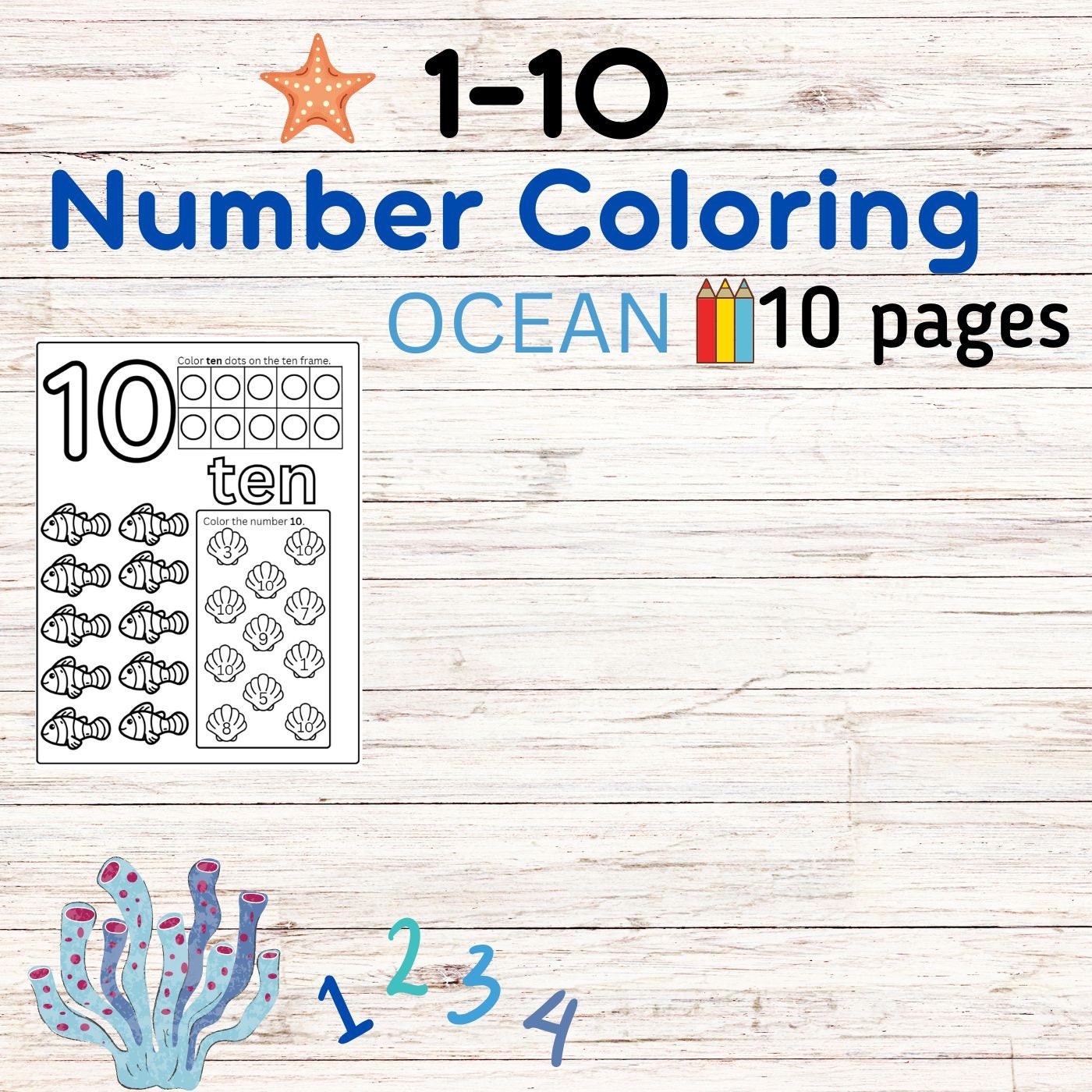 1-10 Number Ocean Themed Coloring Pages, Preschool, Kindergarten ...