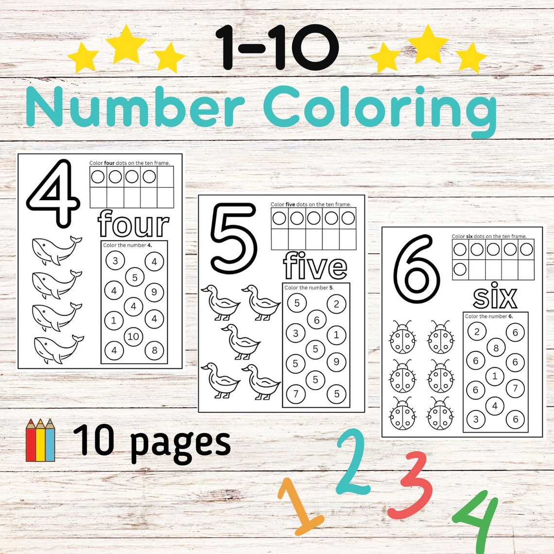 1-10 Number Coloring Worksheets, Preschool, Kindergarten, Homeschool ...