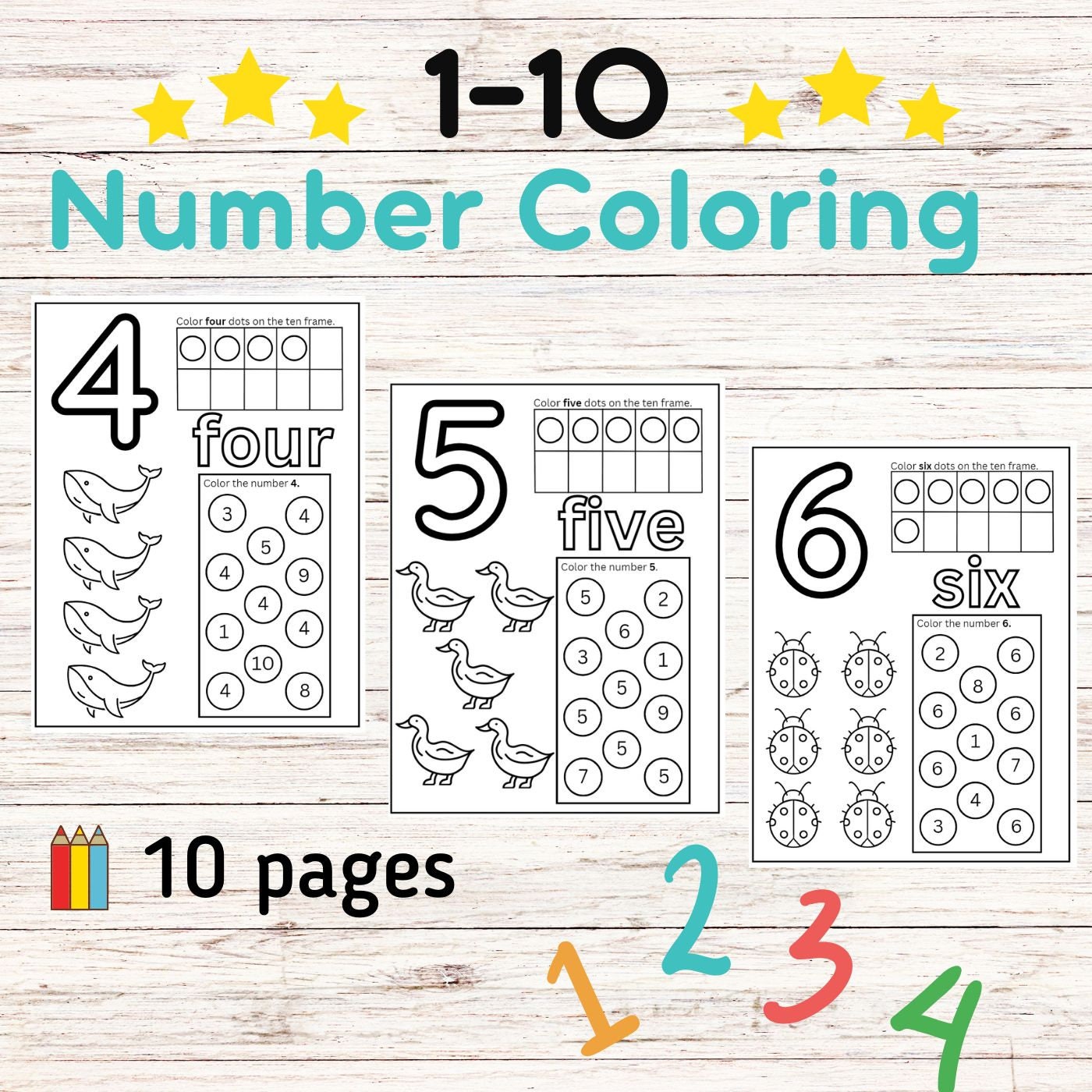 1-10 Number Coloring Worksheets, Preschool, Kindergarten, Homeschool ...
