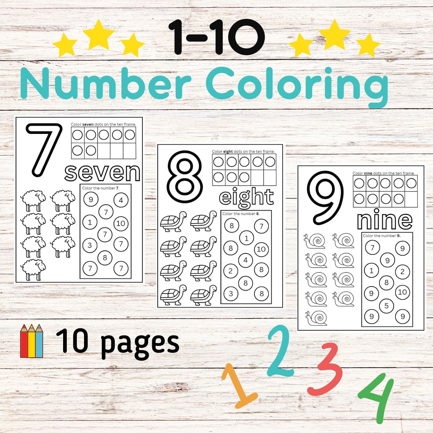 1-10 Number Coloring Worksheets, Preschool, Kindergarten, Homeschool ...