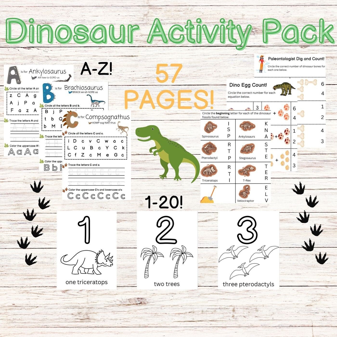 Dinosaur Activity Pack, Dino, A-Z, ABC, 1-20, Alphabet, Literacy ...