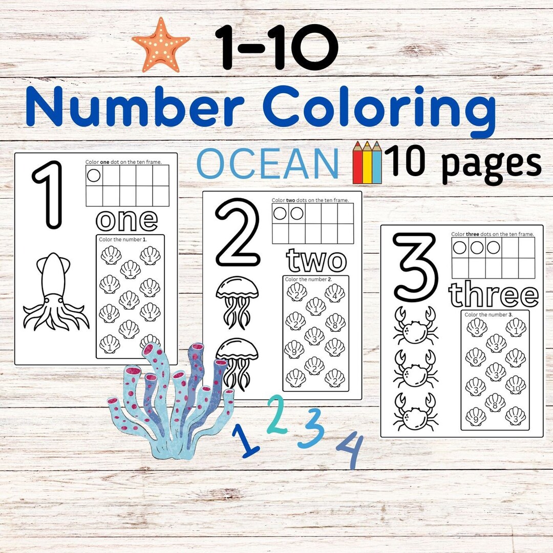 1-10 Number Ocean Themed Coloring Pages, Preschool, Kindergarten ...