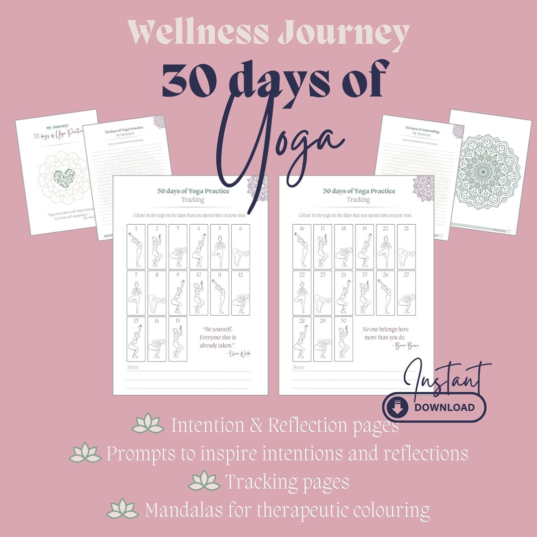 30 Day Yoga Challenge, Yoga Tracker, Yoga Practice Log, Wellness ...