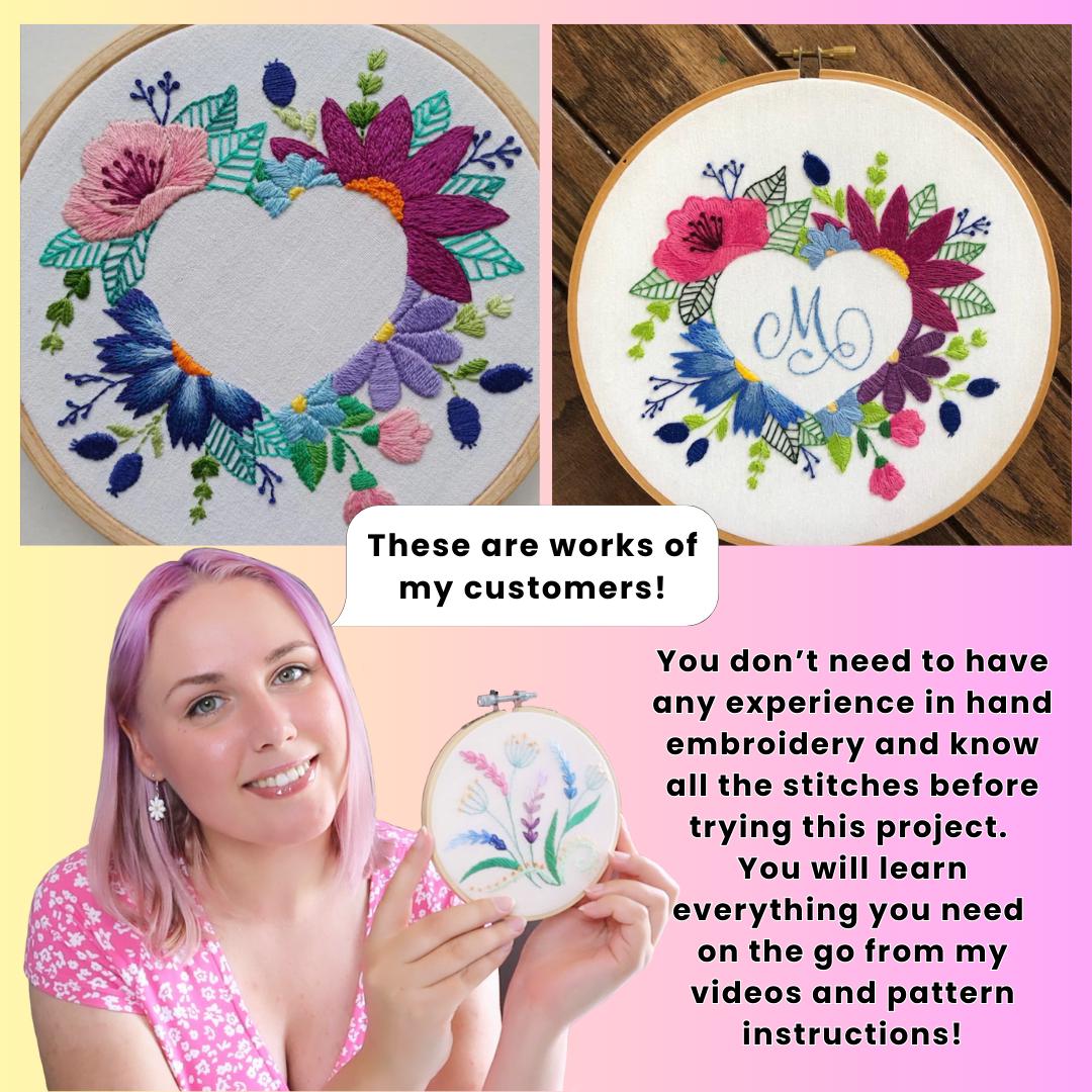 Floral Heart Negative Space Hand Embroidery Pattern | Digital Download ...
