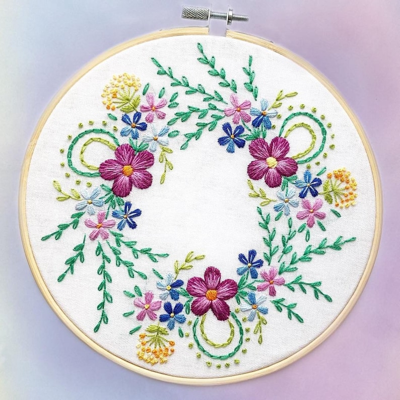 Bright Spring Flower Wreath Hand Embroidery Pattern for Beginners ...