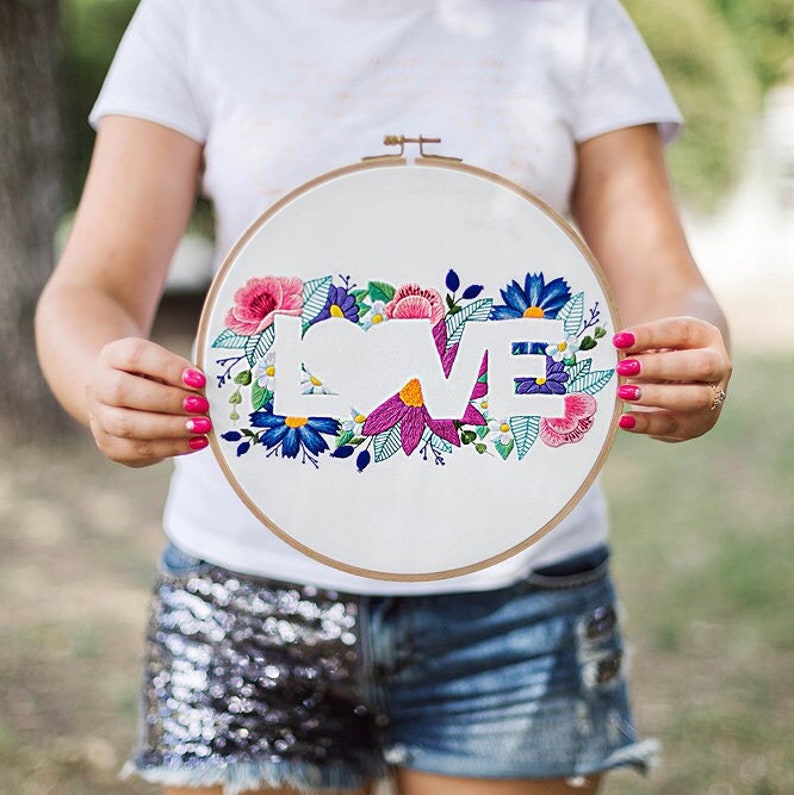 Big Floral LOVE Negative Space Hand Embroidery Pattern PDF + Complete ...