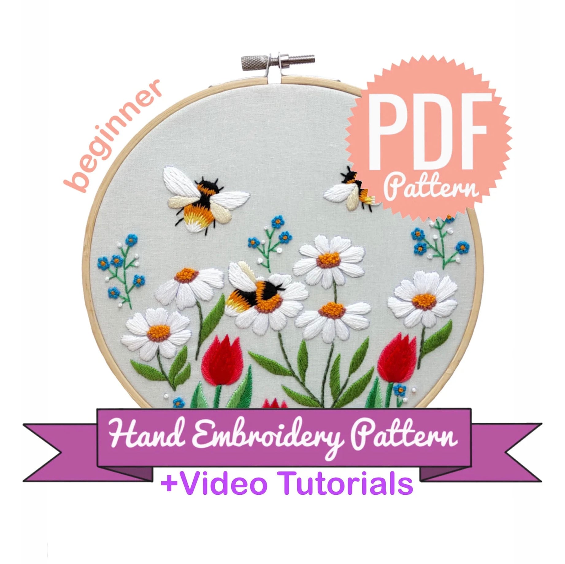 Busy Bees Hand Embroidery Pattern + Complete Video Course | Digital ...