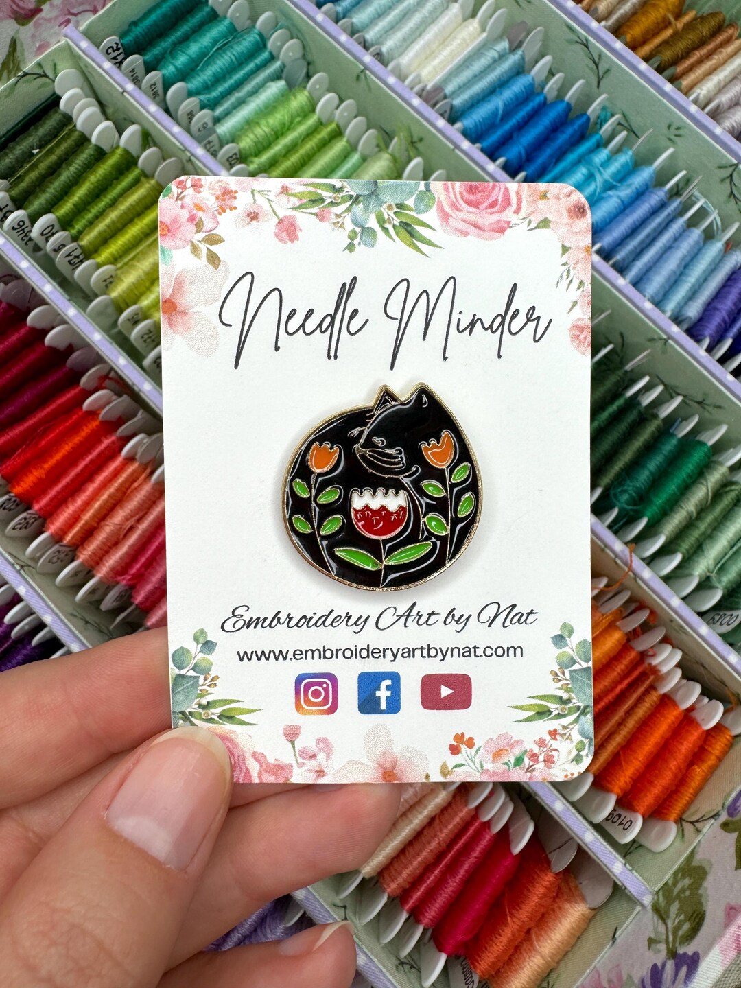 Black Cat Folk Floral Magnetic Needle Minder, Enamel Needle Holder ...