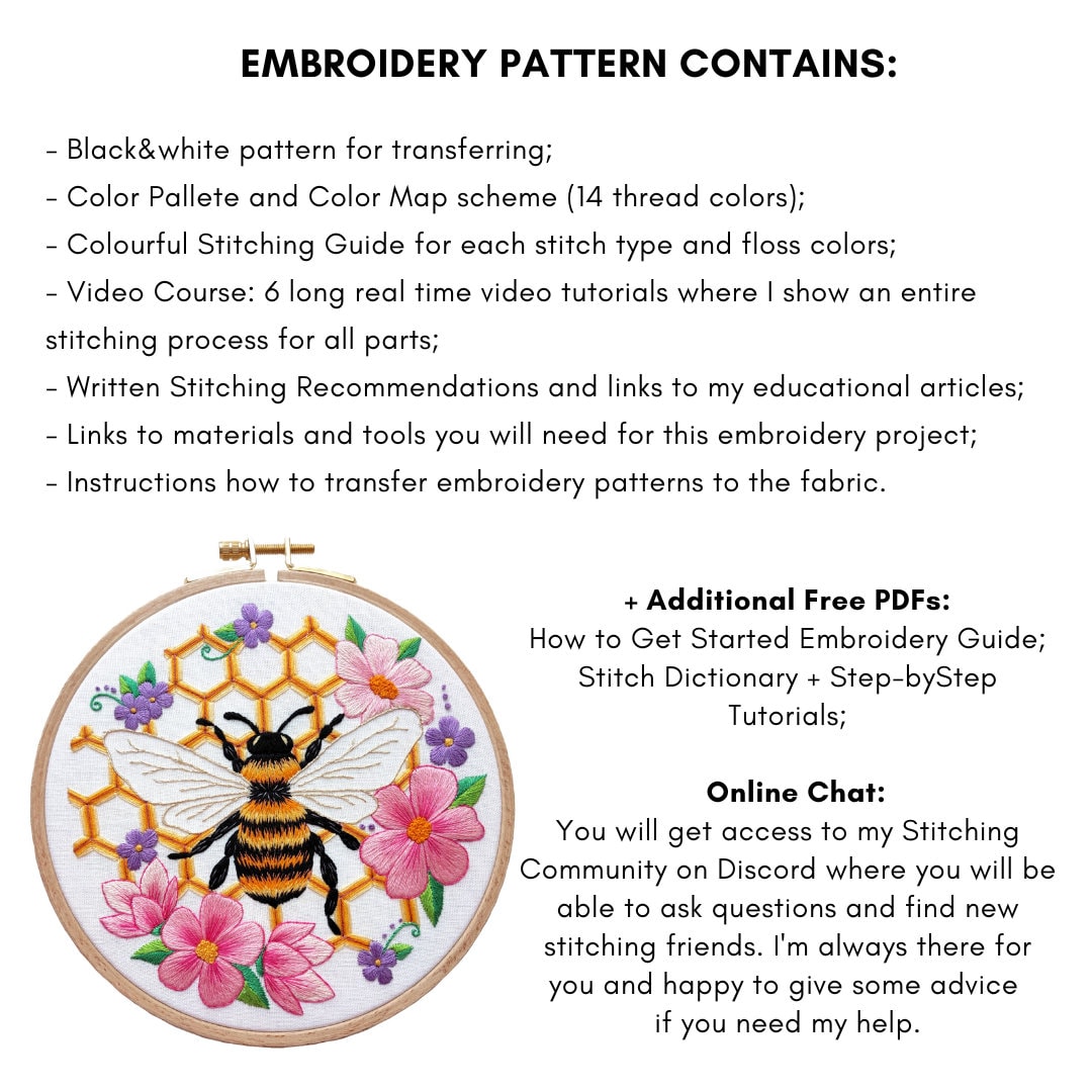Queen Bee Hand Embroidery Pattern Complete Video Course Digital ...