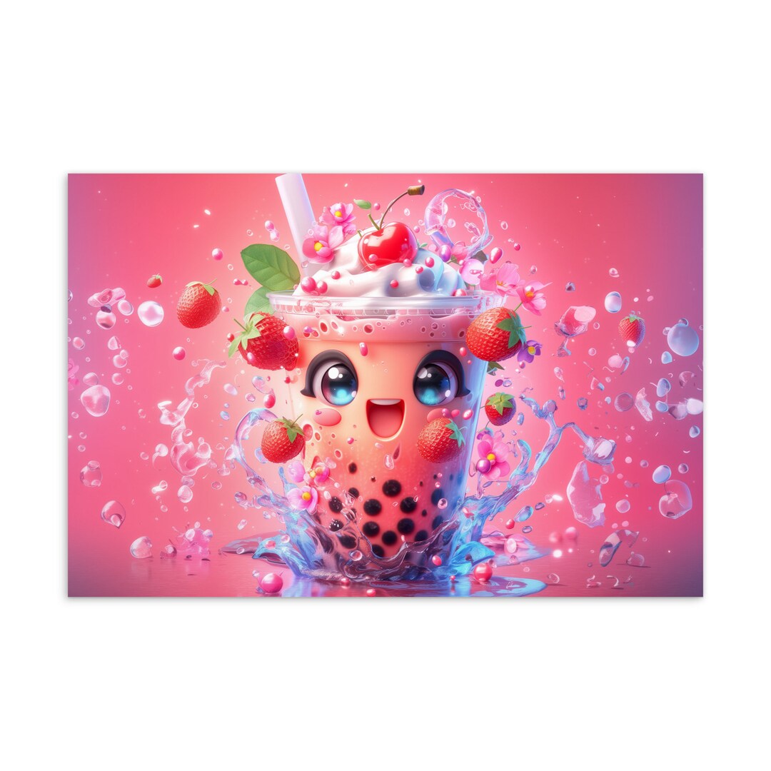 Strawberry Splash Boba Postcard Boba Tea Postcard Bubble Tea Kawaii ...