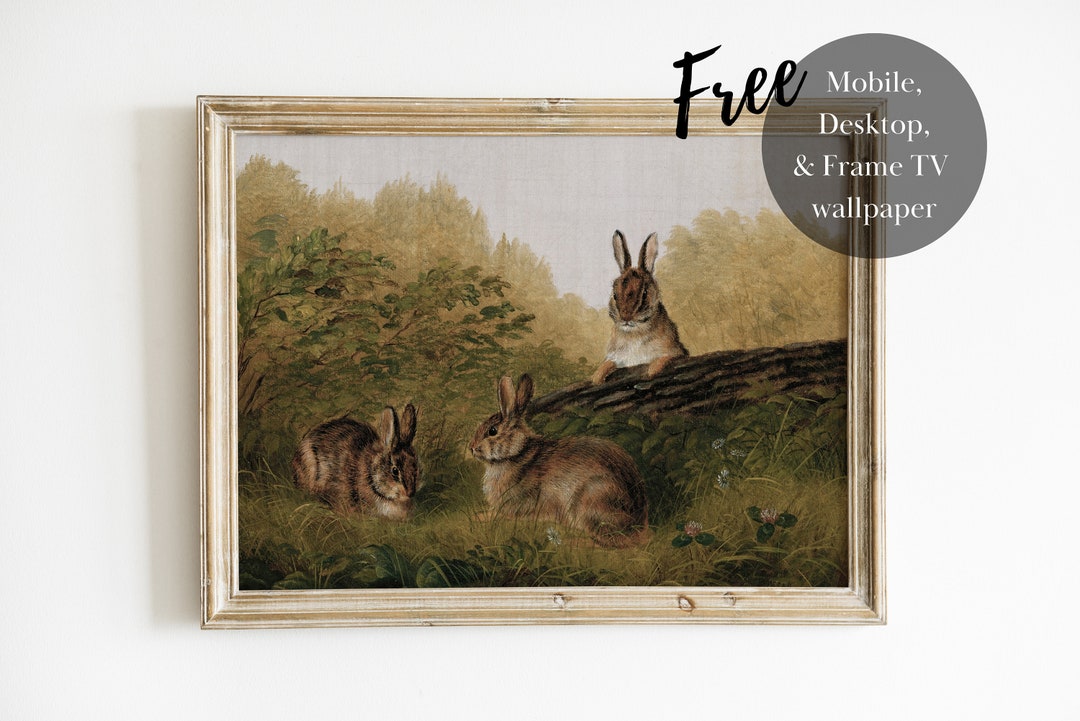 Vintage Rabbits Oil Painting Spring Wall Decor Nursery Room Art Digital ...