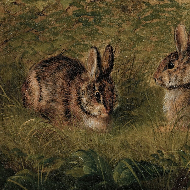 Vintage Rabbits Oil Painting Spring Wall Decor Nursery Room Art Digital ...