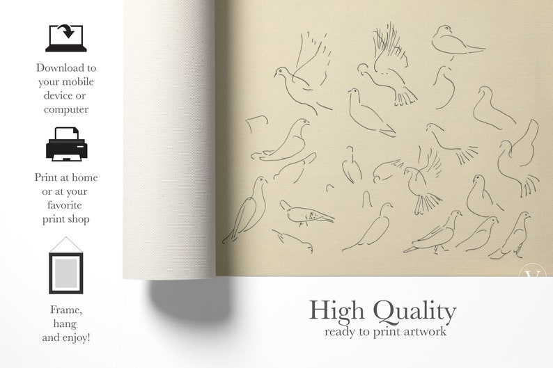 Vintage Birds Line Drawing Sketch Printable File Large Artwork Digital ...