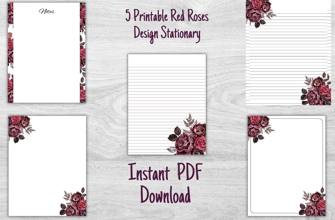 Red Rose PRINTABLE Stationery, 5 Digital/ Printable Designs. 3 Sizes 8 ...