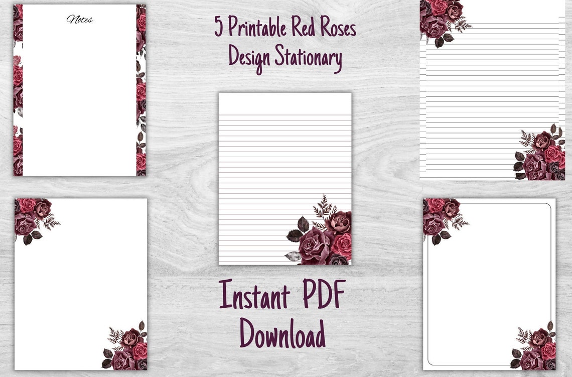 Red Rose PRINTABLE Stationery, 5 Digital/ Printable Designs. 3 Sizes 8 ...