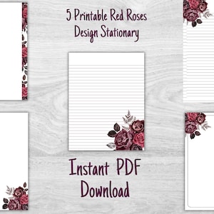 Red Rose PRINTABLE Stationery, 5 Digital/ Printable Designs. 3 Sizes 8 ...