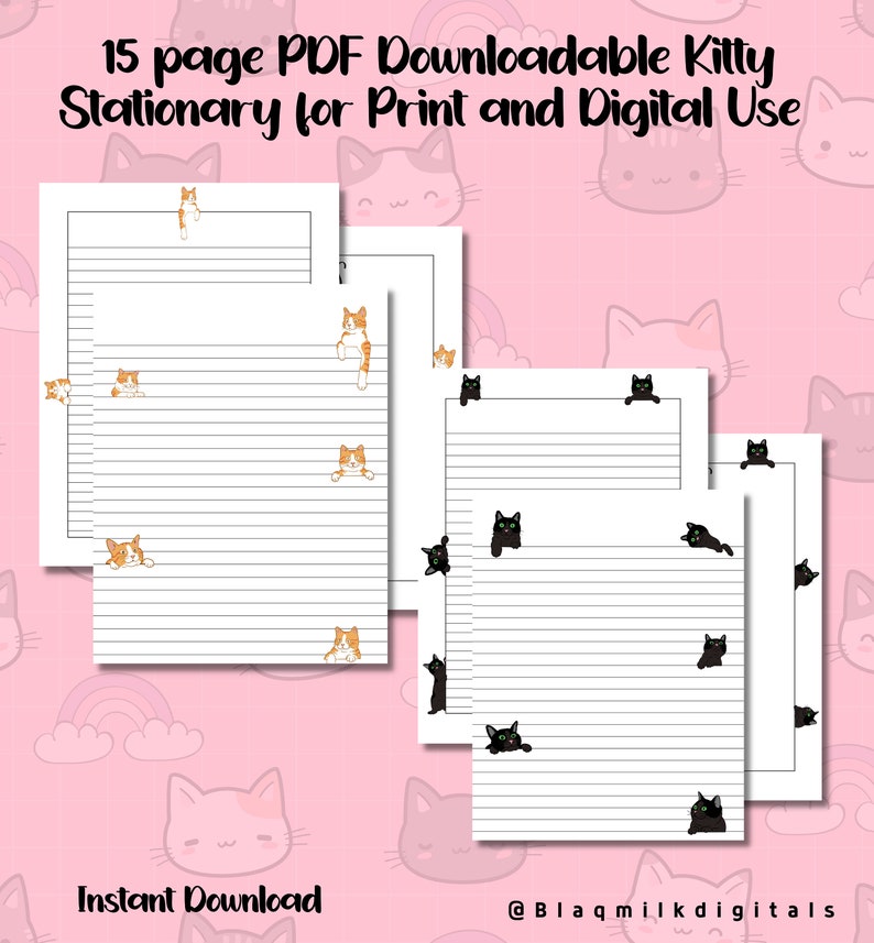 Cute Kitty Cat Stationery Bundle Set for Print and Digital Use | 15 ...