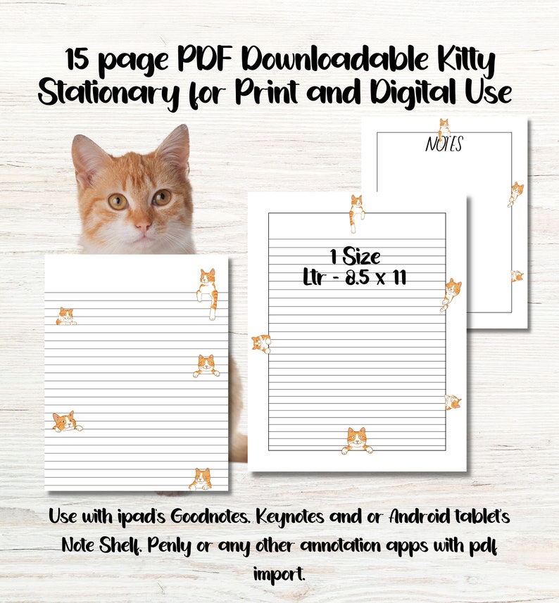 Cute Kitty Cat Stationery Bundle Set for Print and Digital Use | 15 ...