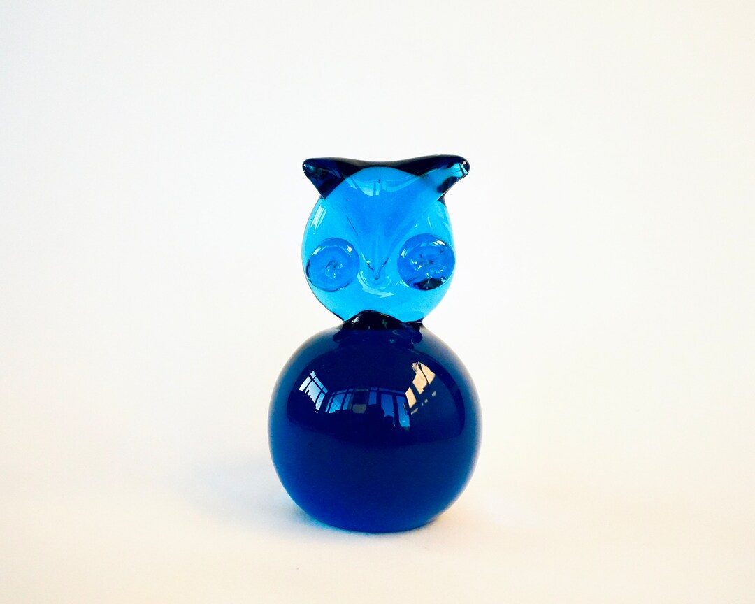 Vintage 1970s Mid Century Modern Blue Blenko Art Glass Owl Paperweight ...