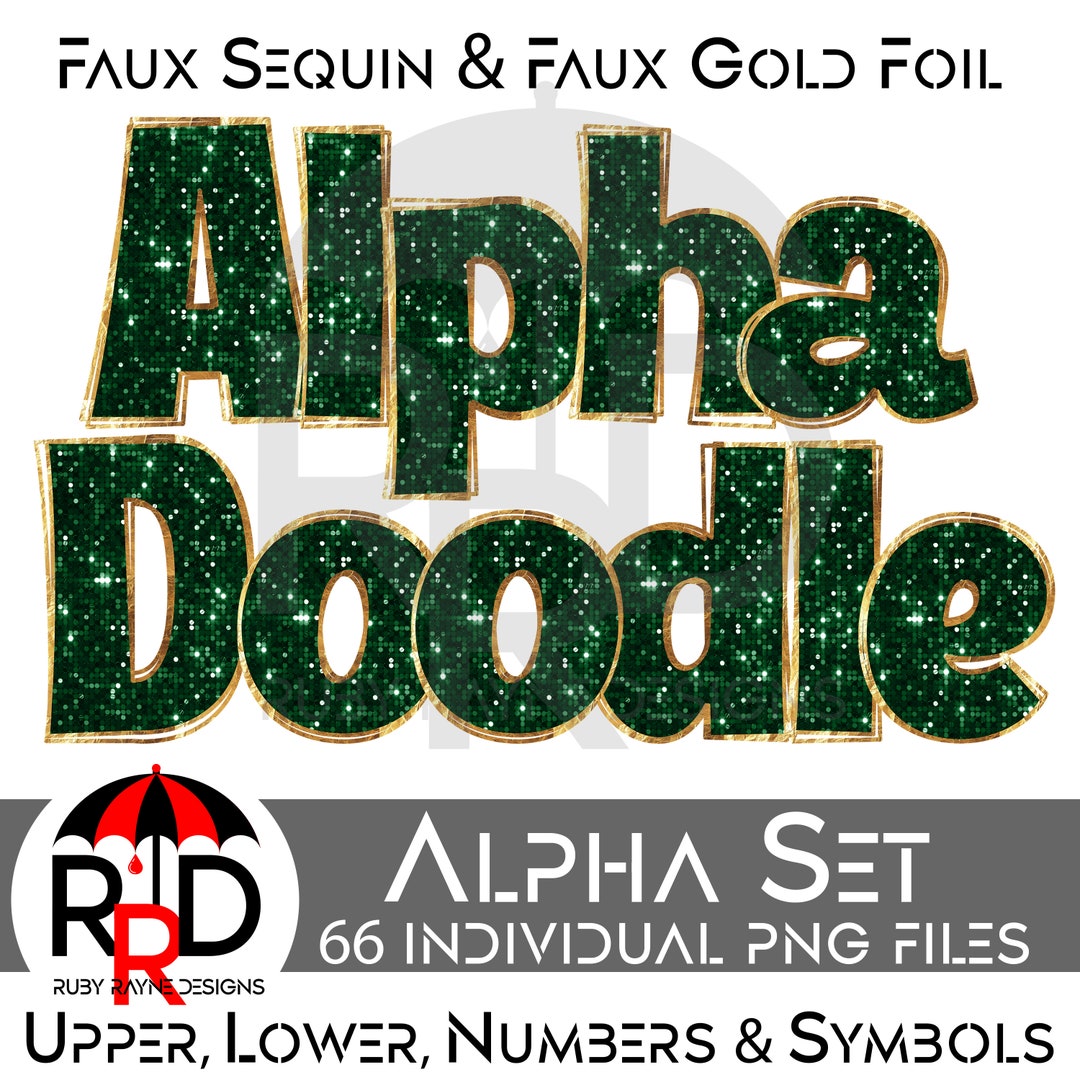 Luxury Faux Dark Green Sequin and Gold Foil Alpha Doodle Set 300dpi ...