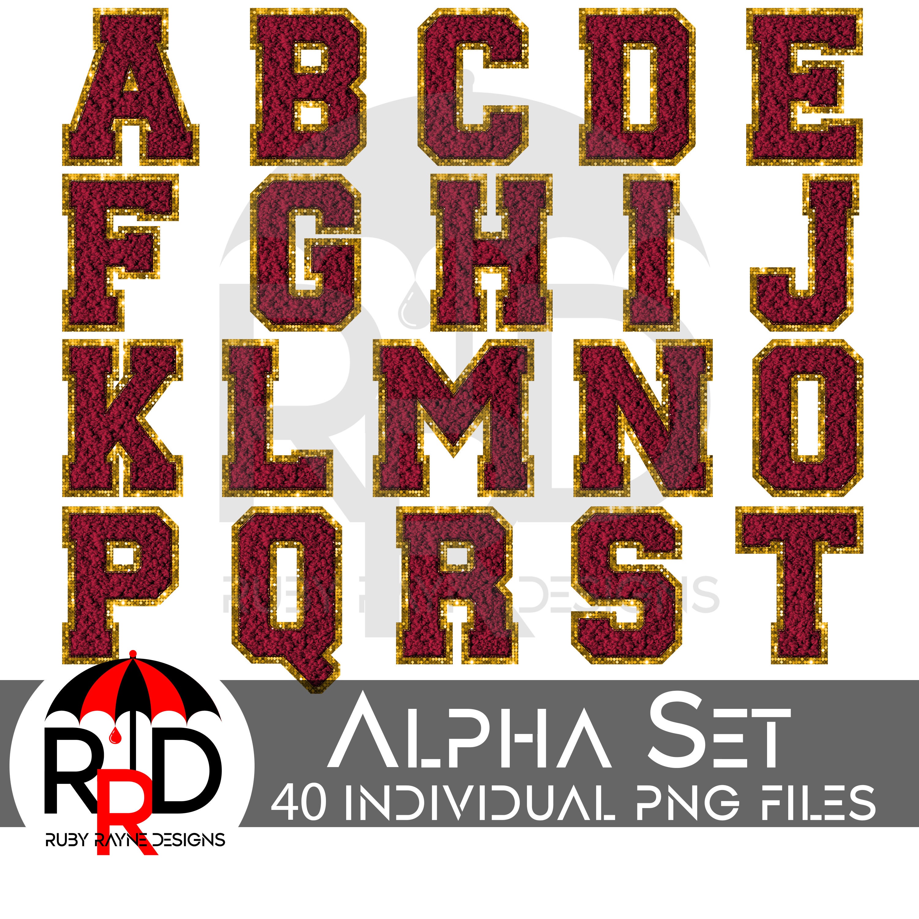 Faux Chenille Maroon and Gold Alpha Set 300dpi Pngs, Faux Chenille ...