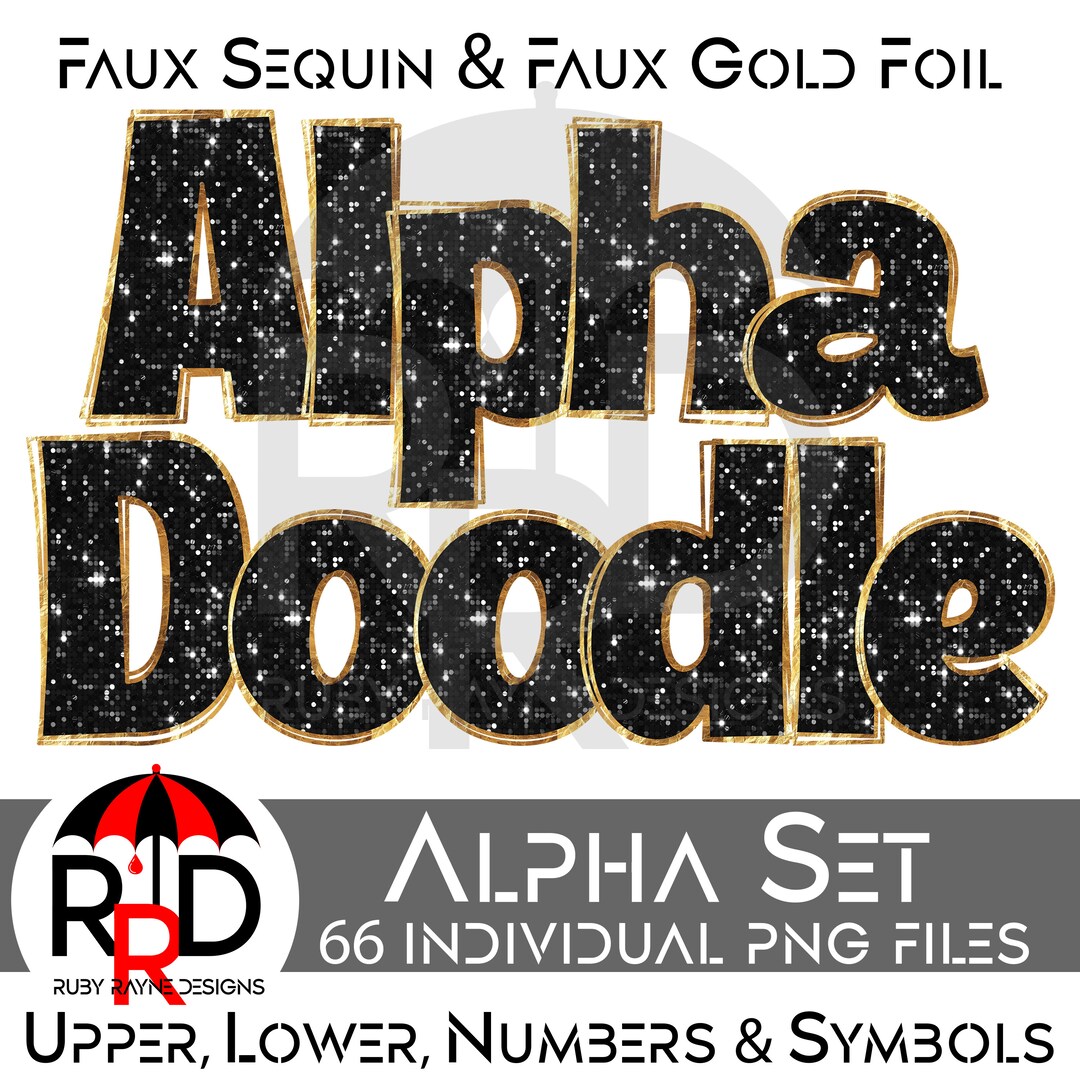 Luxury Faux Black Sequin and Gold Foil Alpha Doodle Set 300dpi Pngs ...