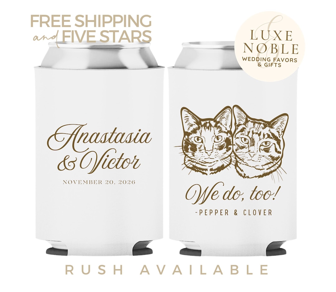Custom Cat Wedding Can Coolers, Elegant Pet Portrait Wedding Favors ...