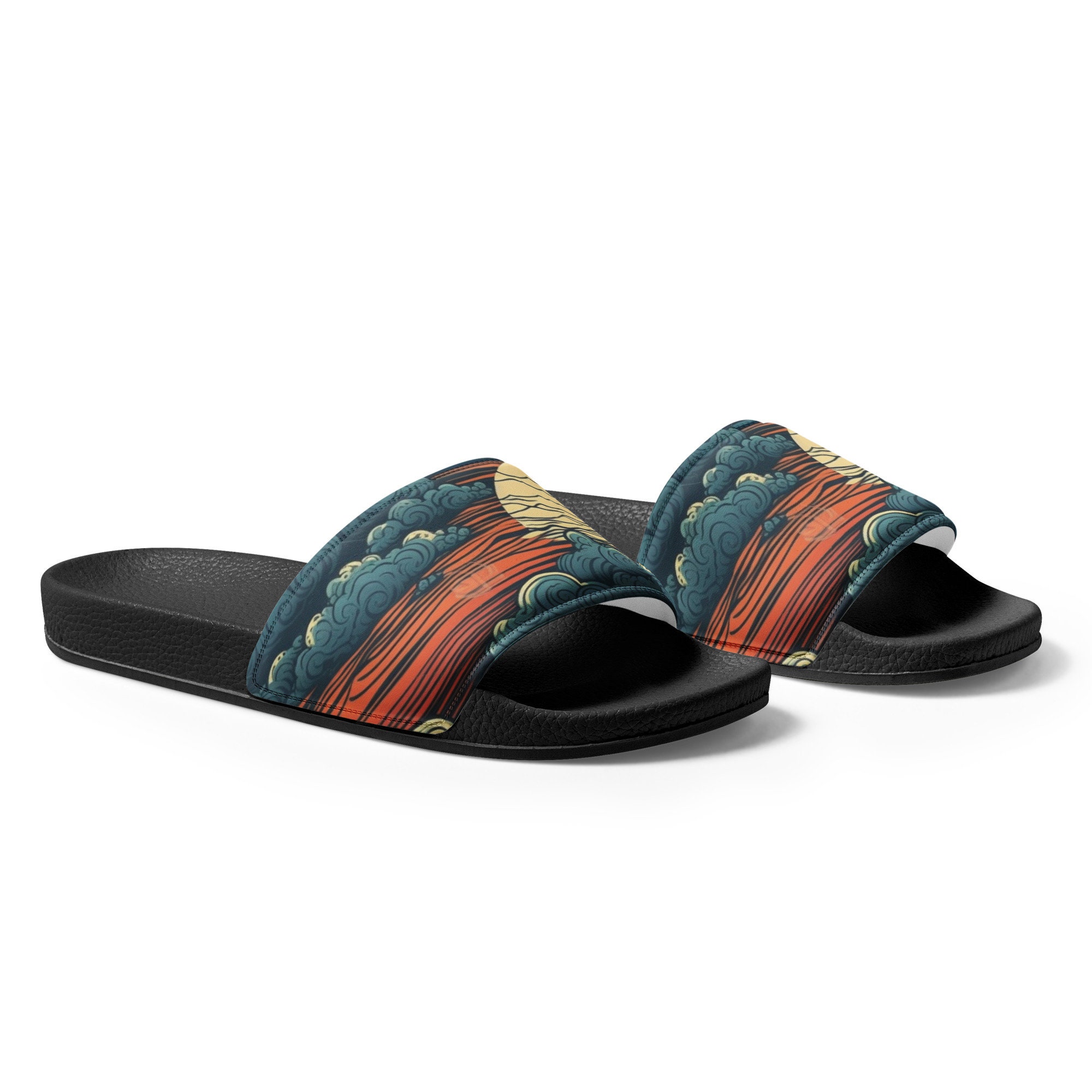 Seascape Art Womens Slides, Abstract Summer Vacation Beach Shoes, Salt ...
