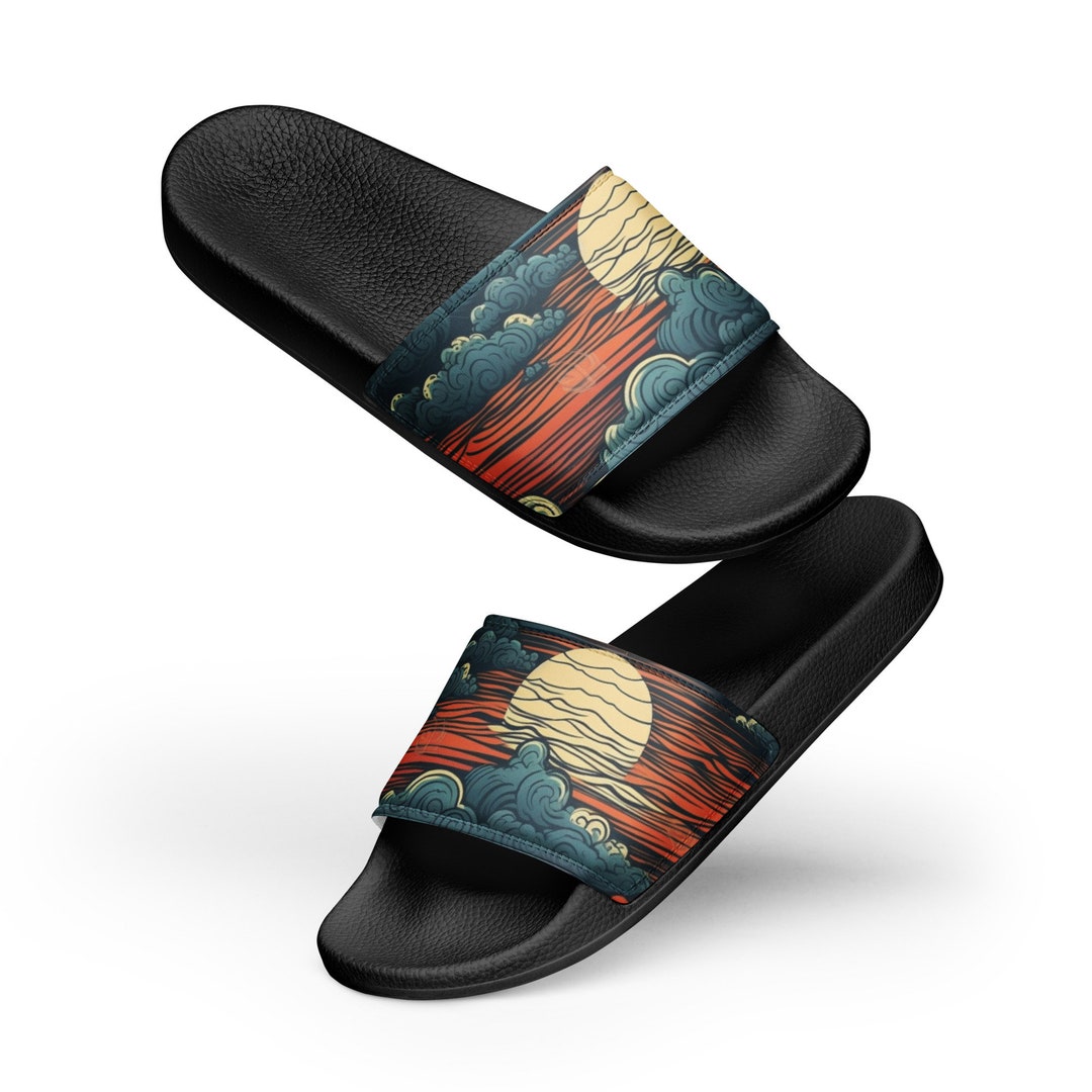 Seascape Art Womens Slides, Abstract Summer Vacation Beach Shoes, Salt ...