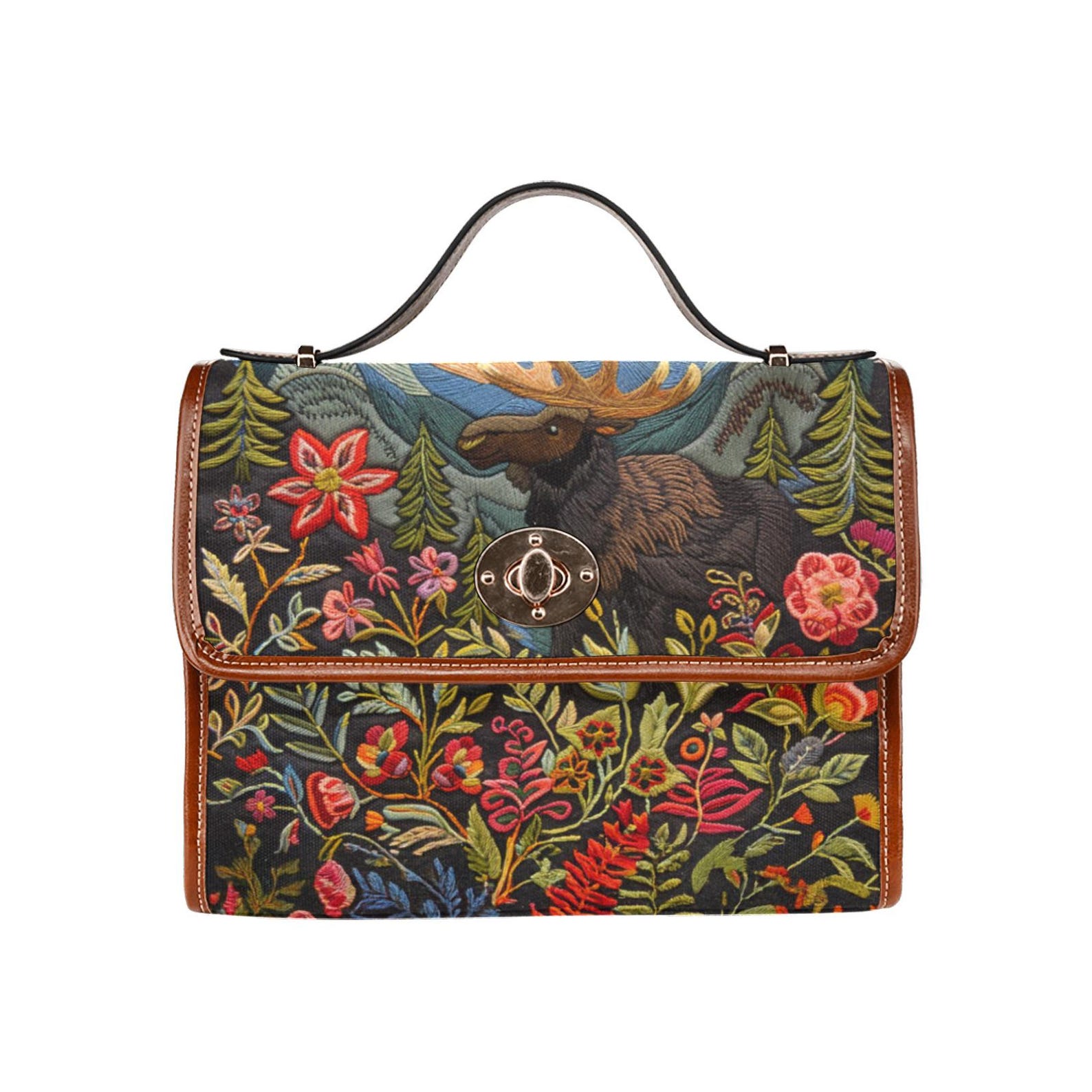Moose Faux Embroidered Floral Waterproof Handbag, Boho Cottagecore ...