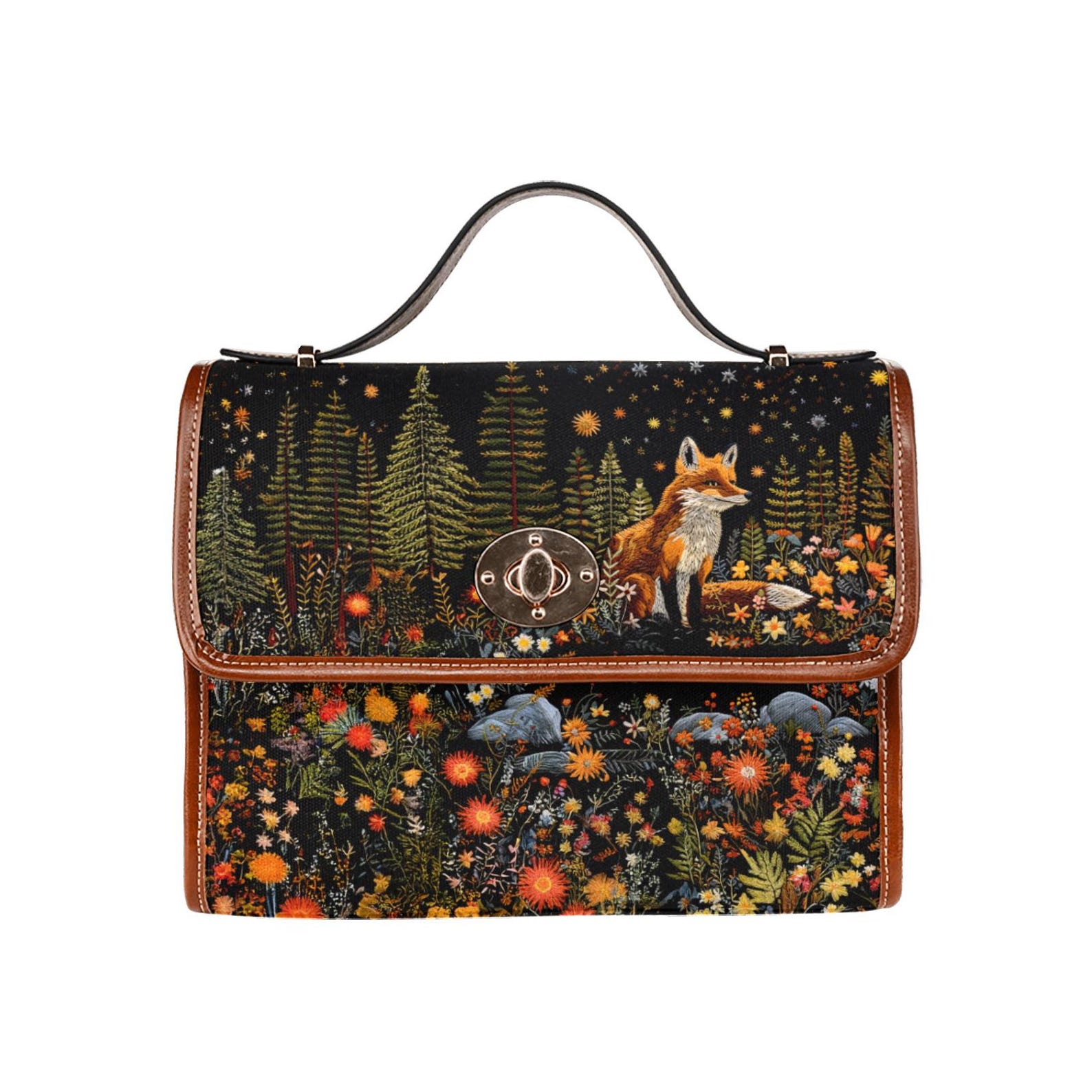Faux Embroidered Floral Fox Handbag, Boho Naturecore Waterproof Handbag ...