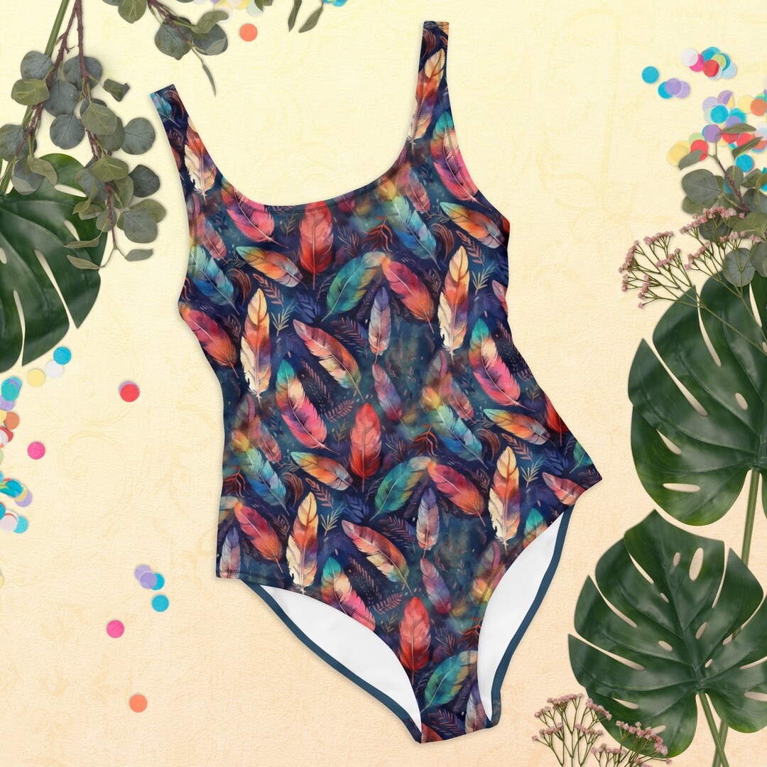 Women's Feathers One-piece Swimsuit, Watercolor Nature Bathing Suit, Nature Lover, Colorful ...