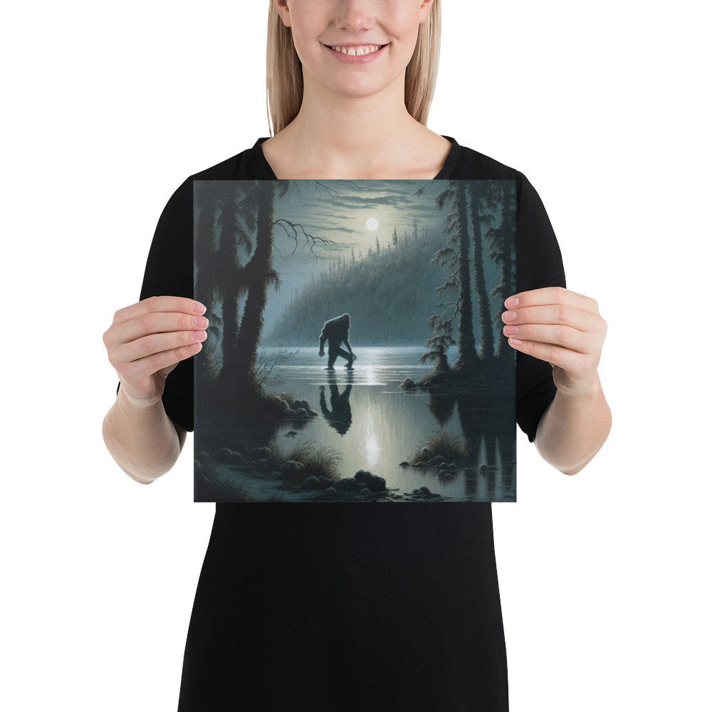 Bigfoot Sighting Wall Art, Bigfoot in the River, Sasquatch Canvas Wall ...