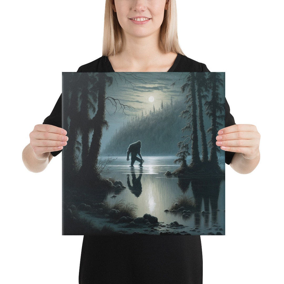 Bigfoot Sighting Wall Art, Bigfoot in the River, Sasquatch Canvas Wall ...