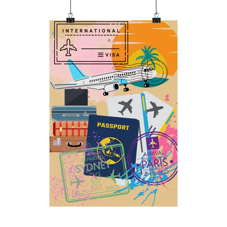 Matte Vertical Posters With Travel Theme, Plane, Passport, Stamps ...