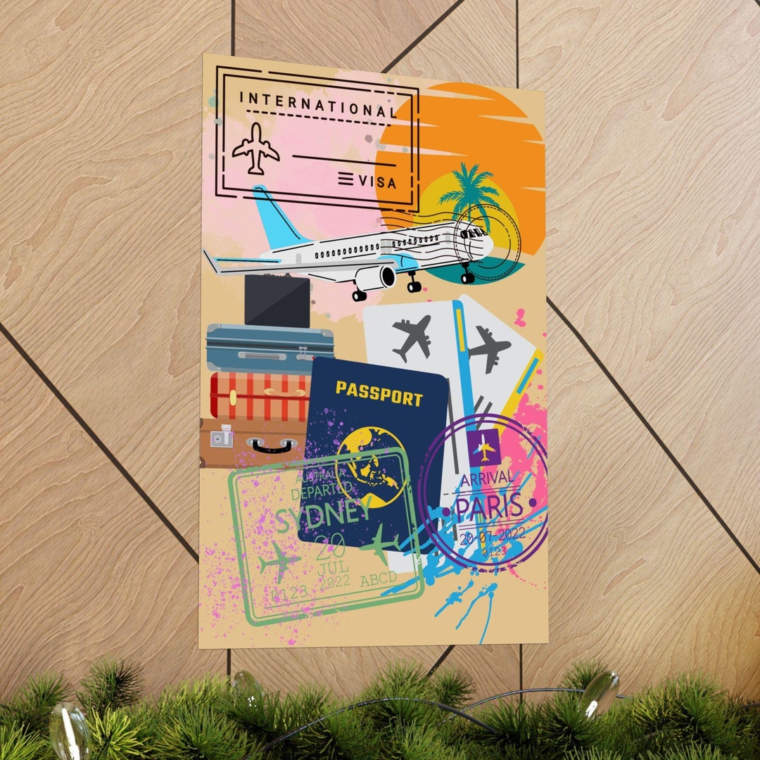 Matte Vertical Posters With Travel Theme, Plane, Passport, Stamps ...