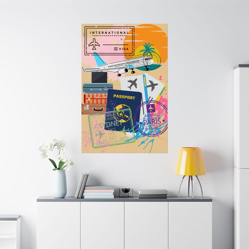 Matte Vertical Posters With Travel Theme, Plane, Passport, Stamps ...