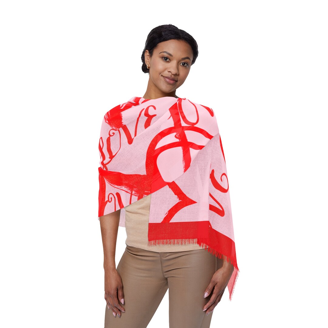 Light Valentine's Day Scarf With Different Red Hearts and the Word Love ...